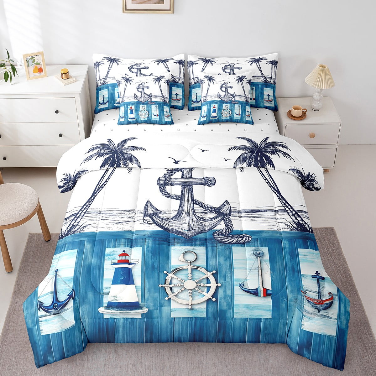 YST Summer Beach Comforter,Tropical Palm Bed in A Bag Twin,Nautical Anchor Lighthouse Bedding ...