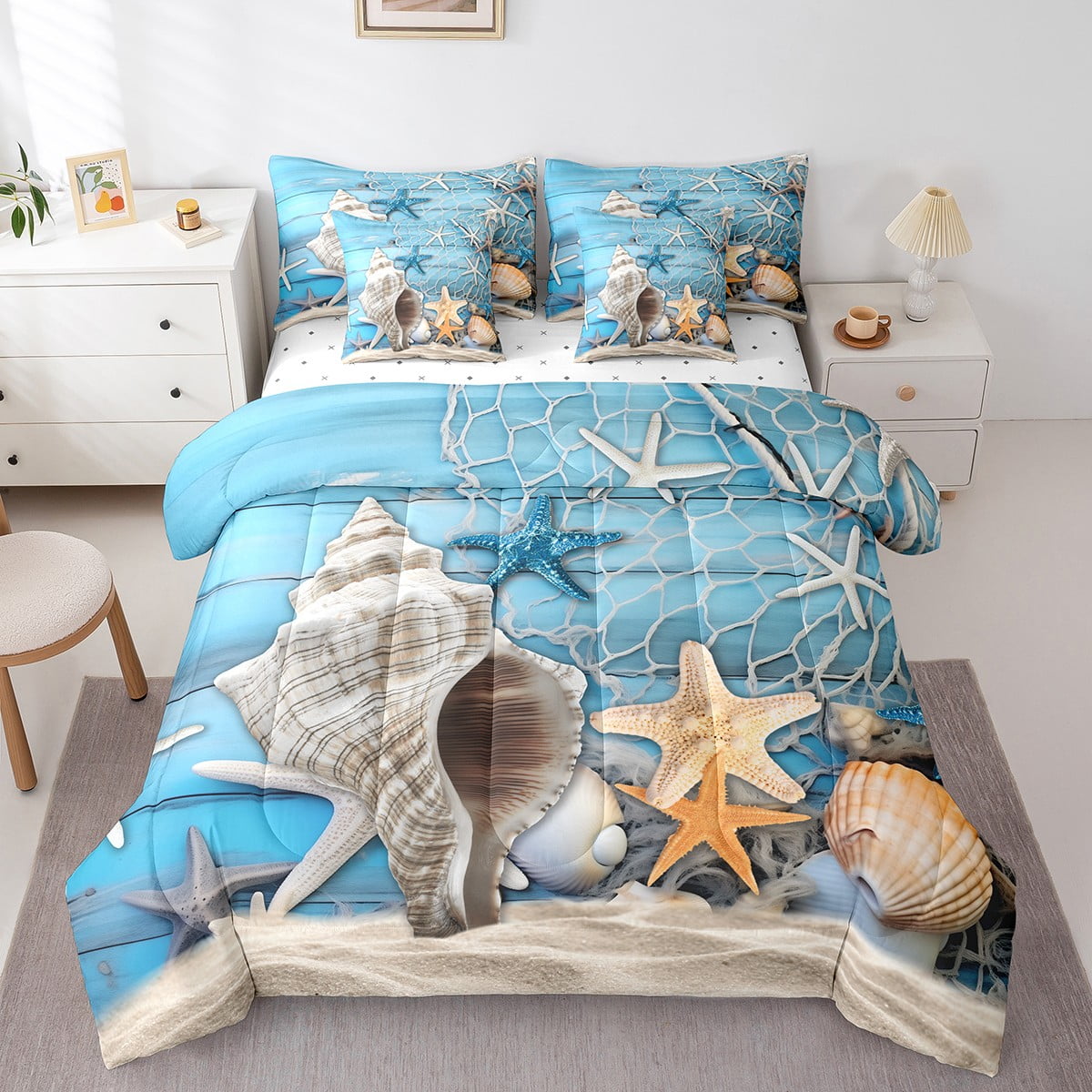 Summer Beach Theme Twin Comforter Set 7pcs Starfish Conch Seashell ...