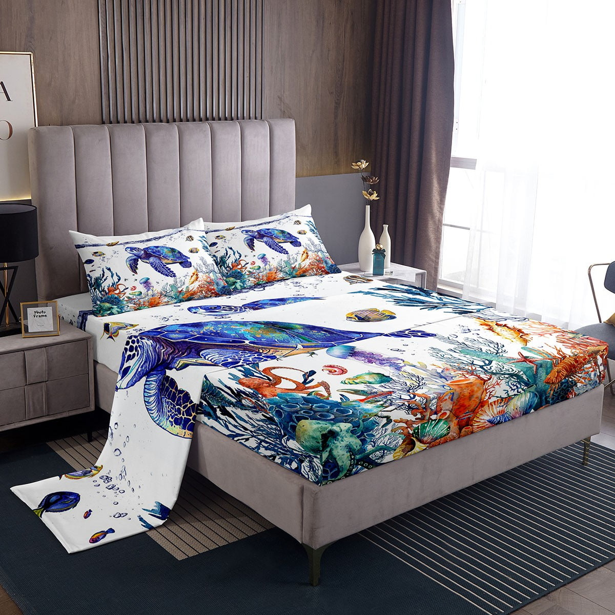 YST Summer Turtle Bed Sheets Set Twin,Tropical Fish Coral Sheet Set for ...