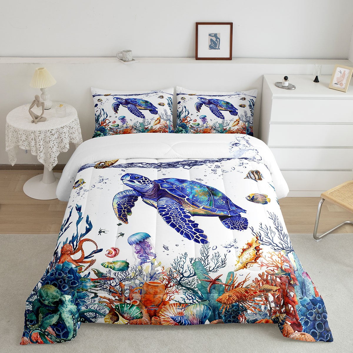 YST Summer Turtle Comforter Set Full,Tropical Fish Coral Bedding Set ...