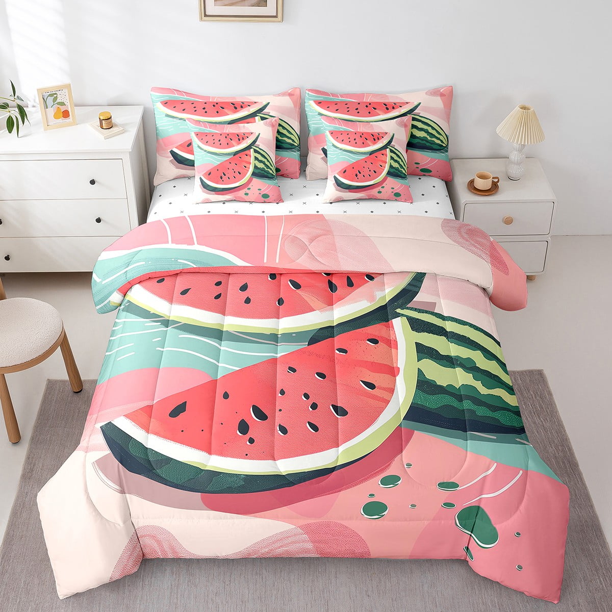 YST Summer Watermelon Bedding Queen Size 7pcs For Kids Boys Tropical Fruit Themed Comforter Set ...