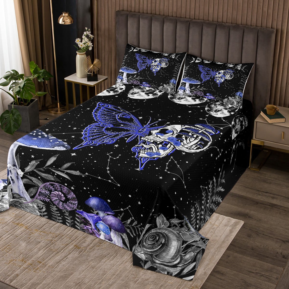 YST Sun Moon Butterfly Bedspread Set Goth Skeleton Skulls Death Moth ...