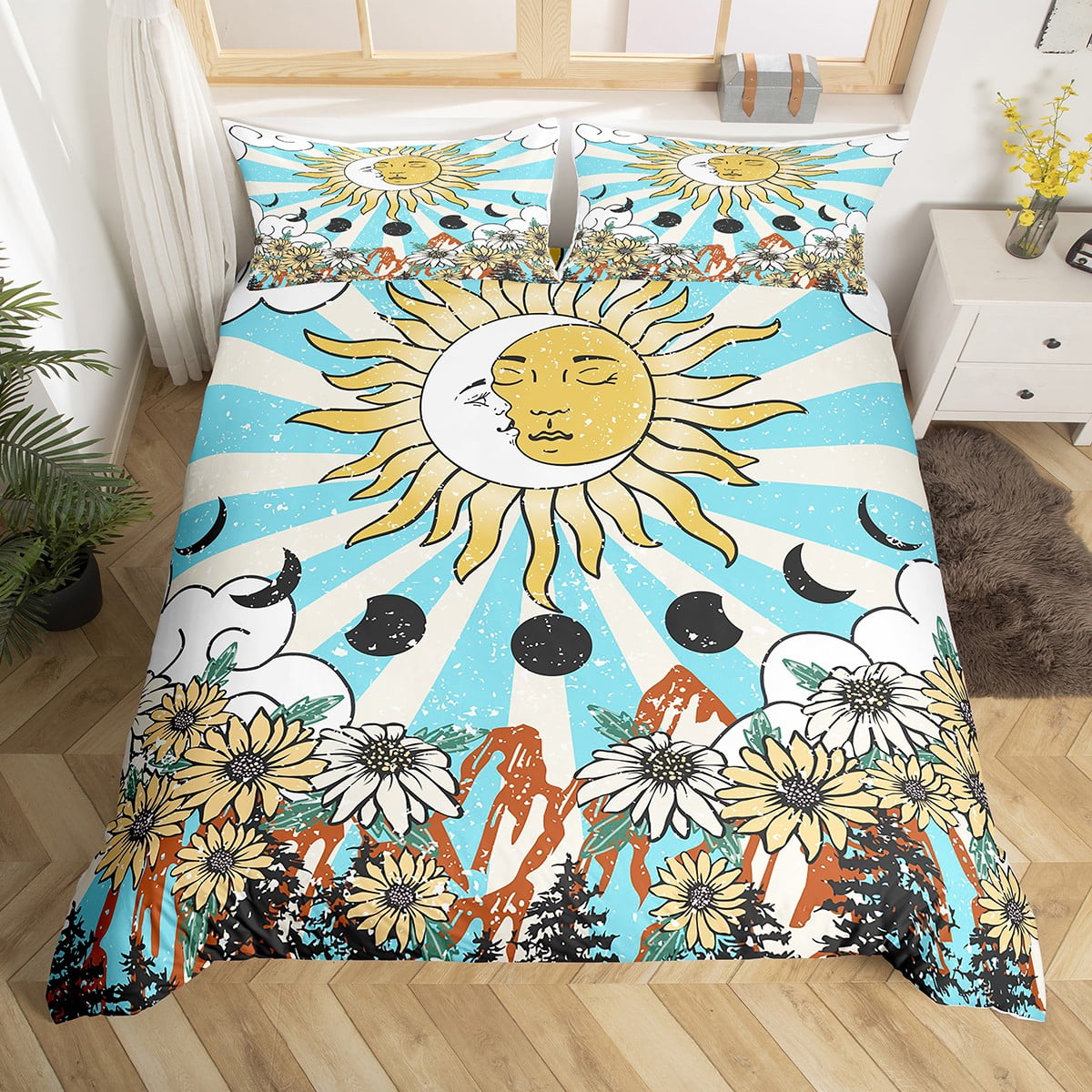 YST Sun and Moon Duvet Cover Full Boho Bohemian Hippie Bedding Set Moon ...