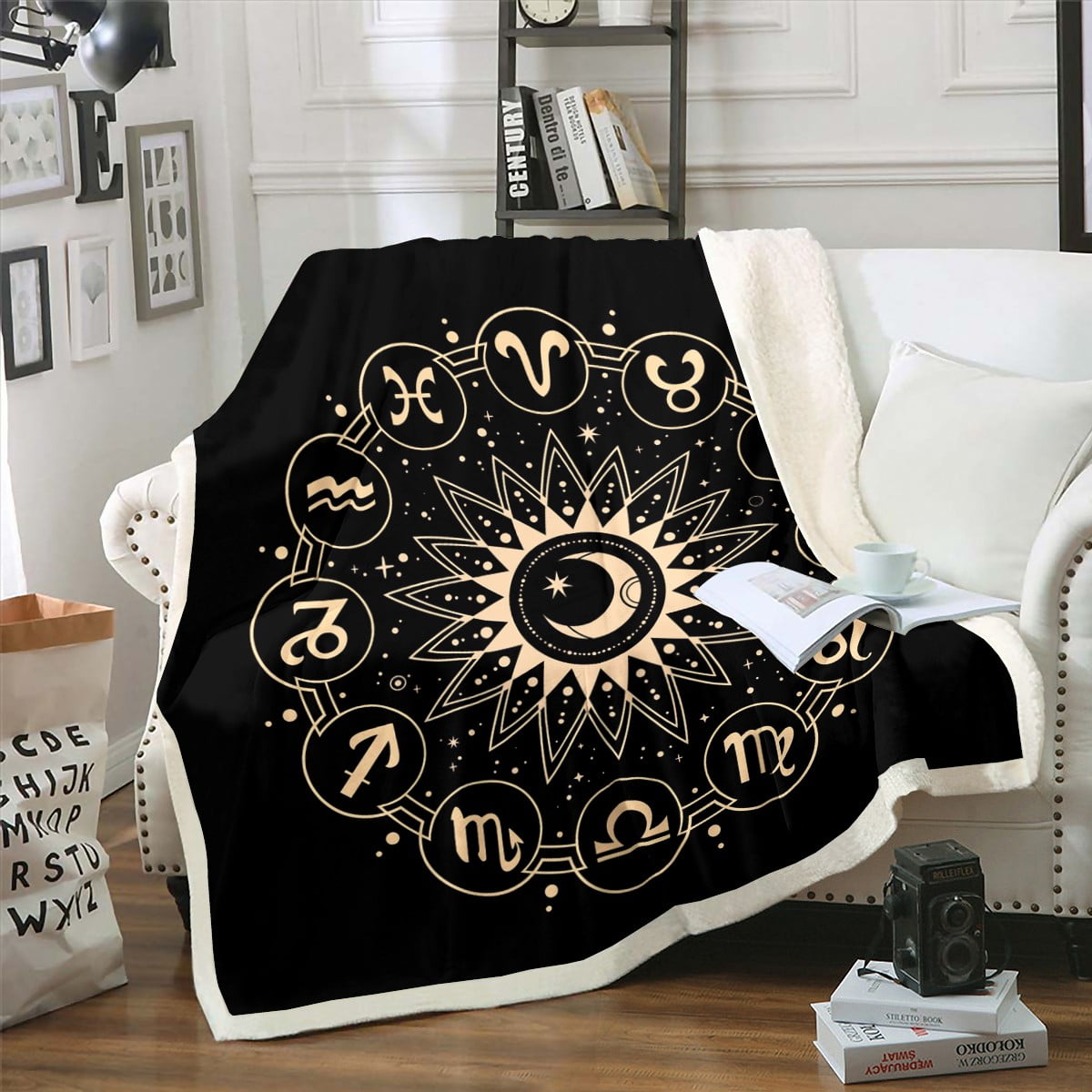 Sun and Moon Fleece Blanket Youth Galaxy Stars Zodiac Signs Throw ...