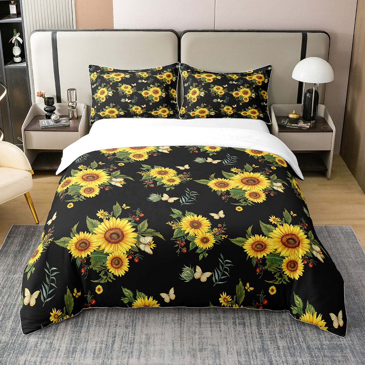 Sunflower 100% Cotton Duvet Cover Full, Butterflies Bedding Set for ...