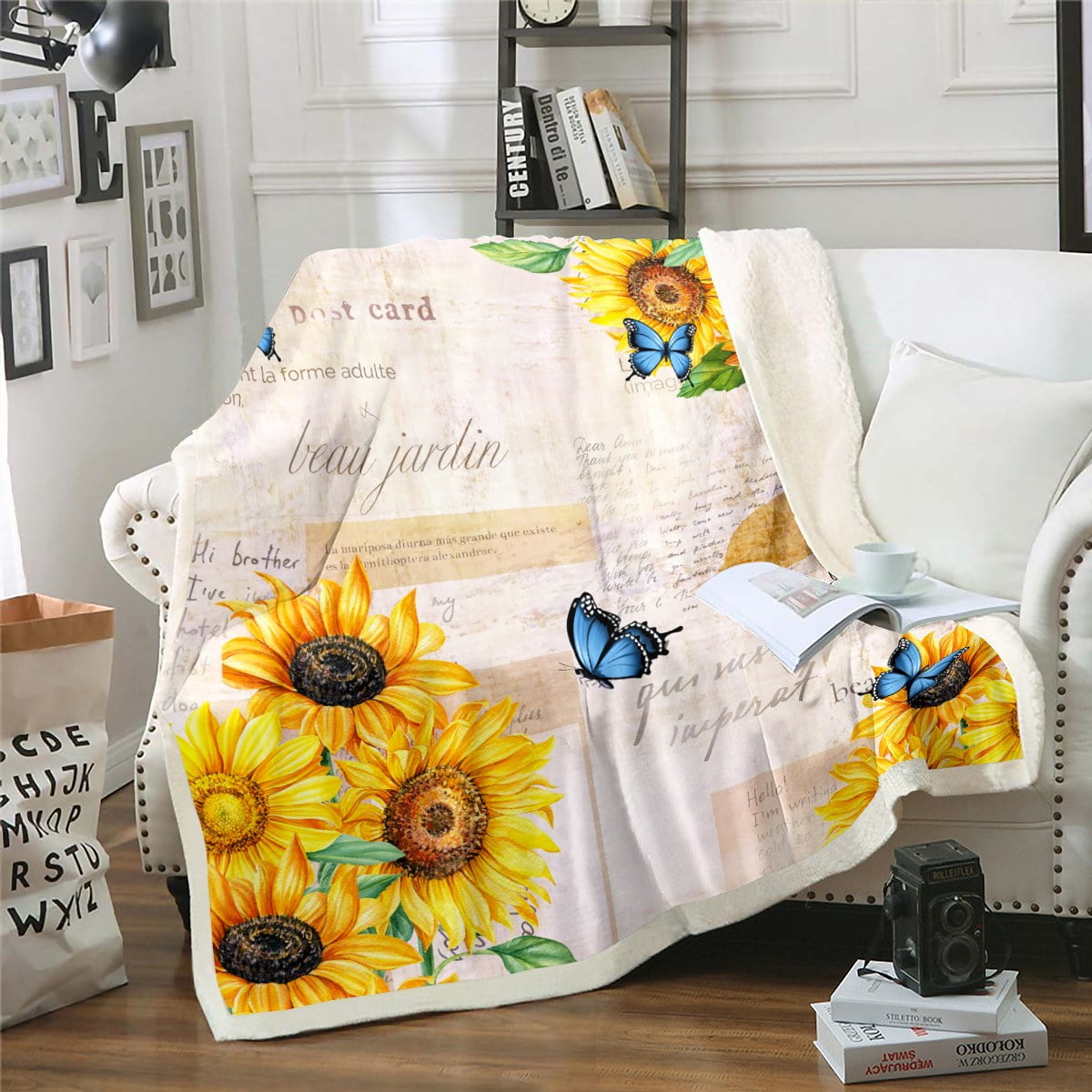 Sunflower Fleece Blanket Floral Botanical Fuzzy Blanket, Blue Butterfly ...