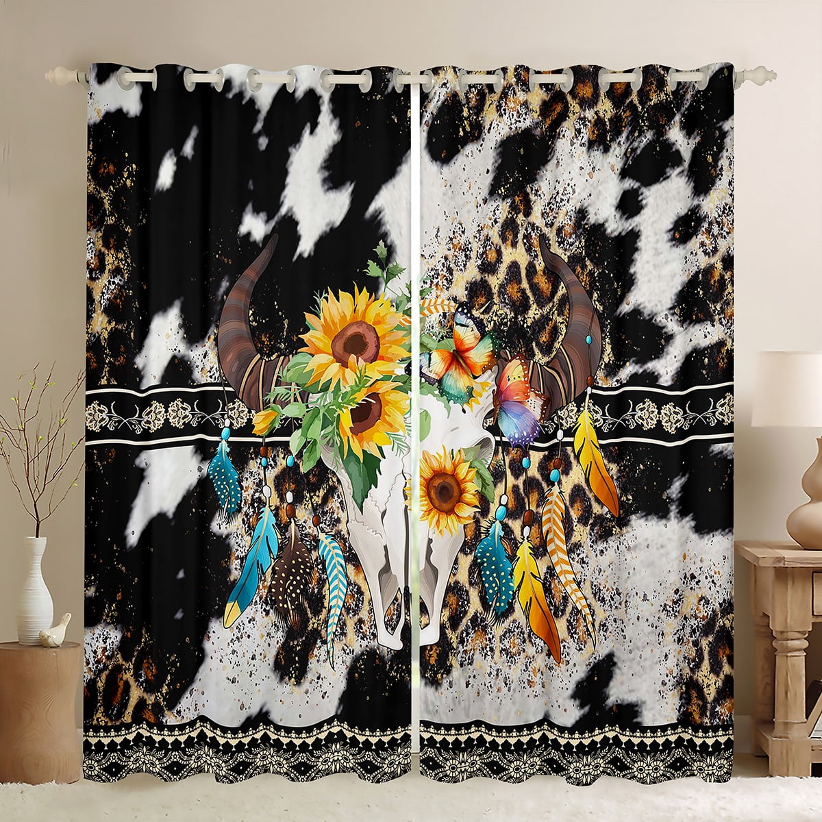 Erosebridal Sunflower Bull Skull Curtains & Drapes,Black Cowhide ...
