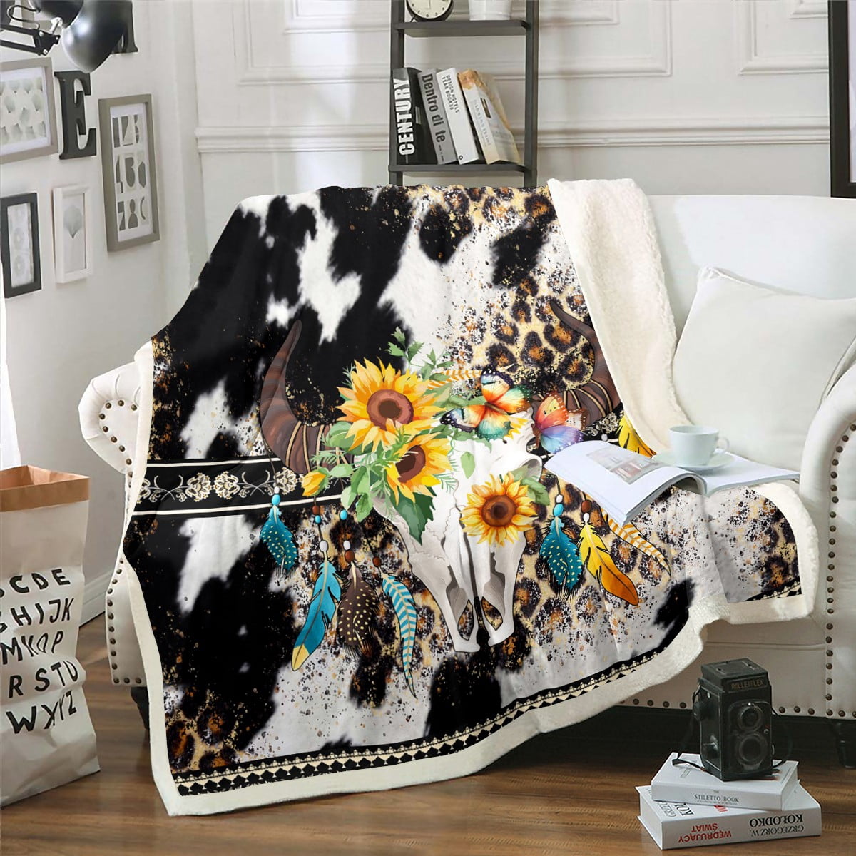Sunflower Bull Skull Western Throw Blanket 60"x80",Black Cowhide ...
