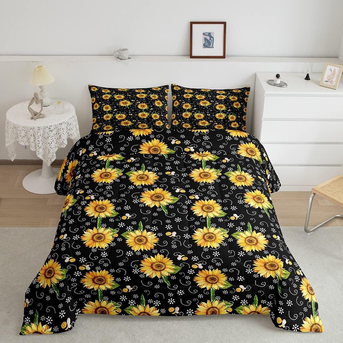 YST Sunflower Comforter for Kids Adult Honeybee Bedding Set Chic Floral ...