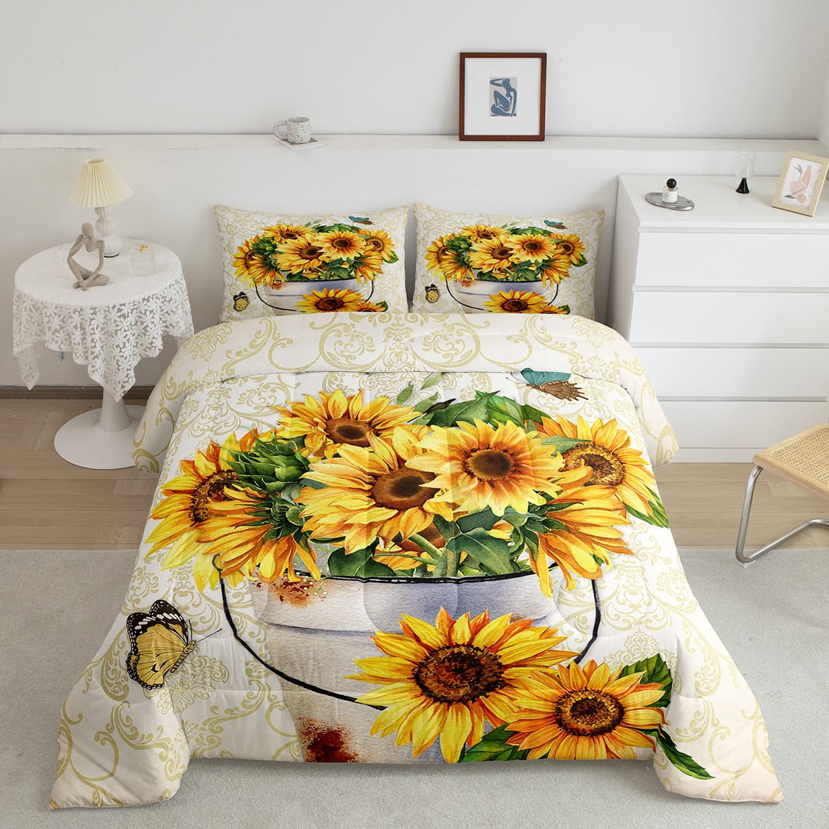 YST Sunflower Comforter Set Twin,Vintage Bohemian Flower Bedding for ...