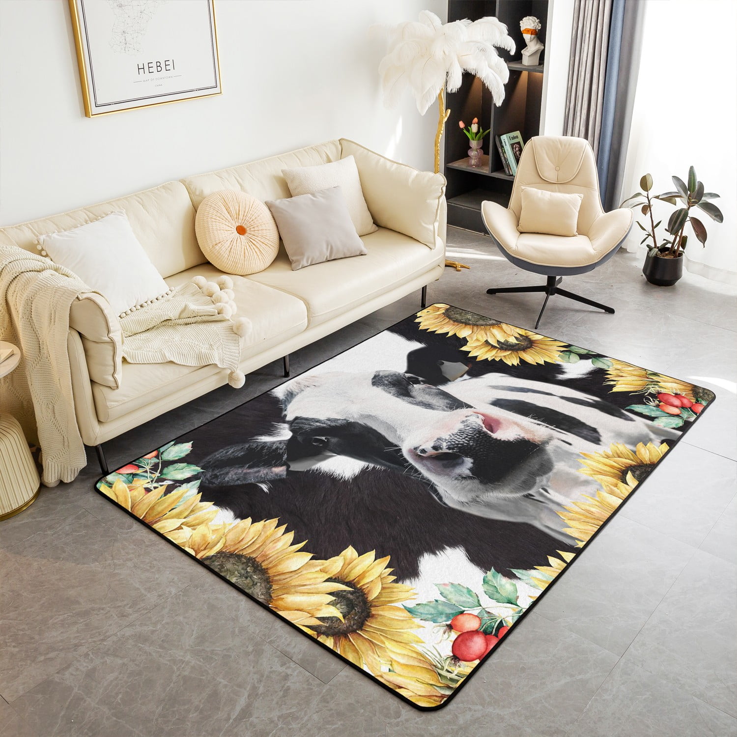 Erosebridal Sunflower Cow Area Rug ,Yellow Floral Milk Rug 3x5 for ...