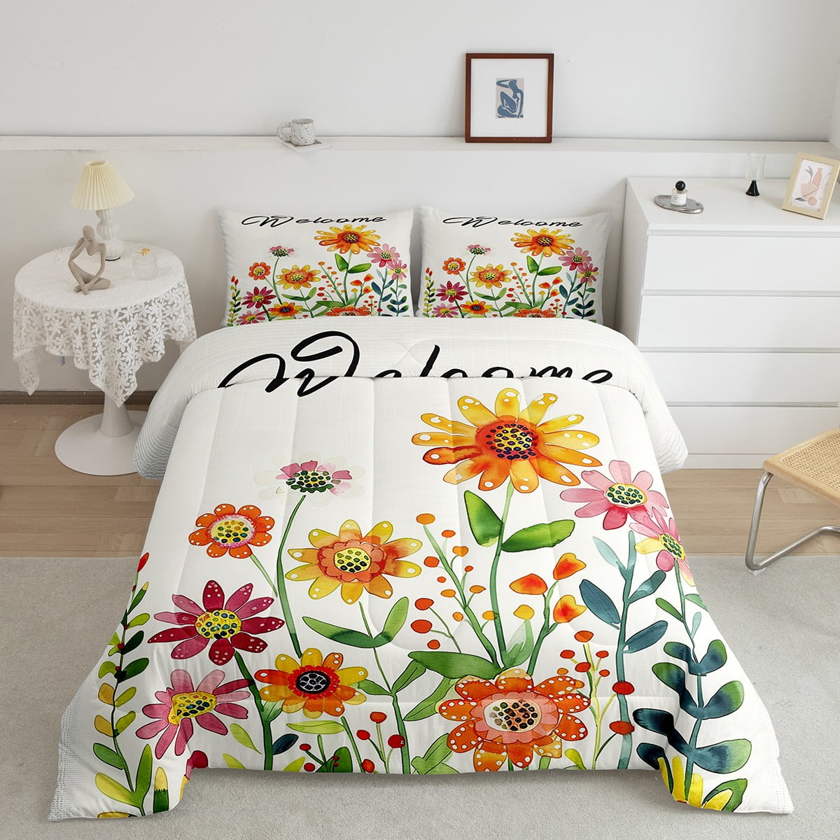 YST Sunflower Daisy Bedding Set For Kids Rustic Flowers Queen Comforter Set For Boys Girls ...