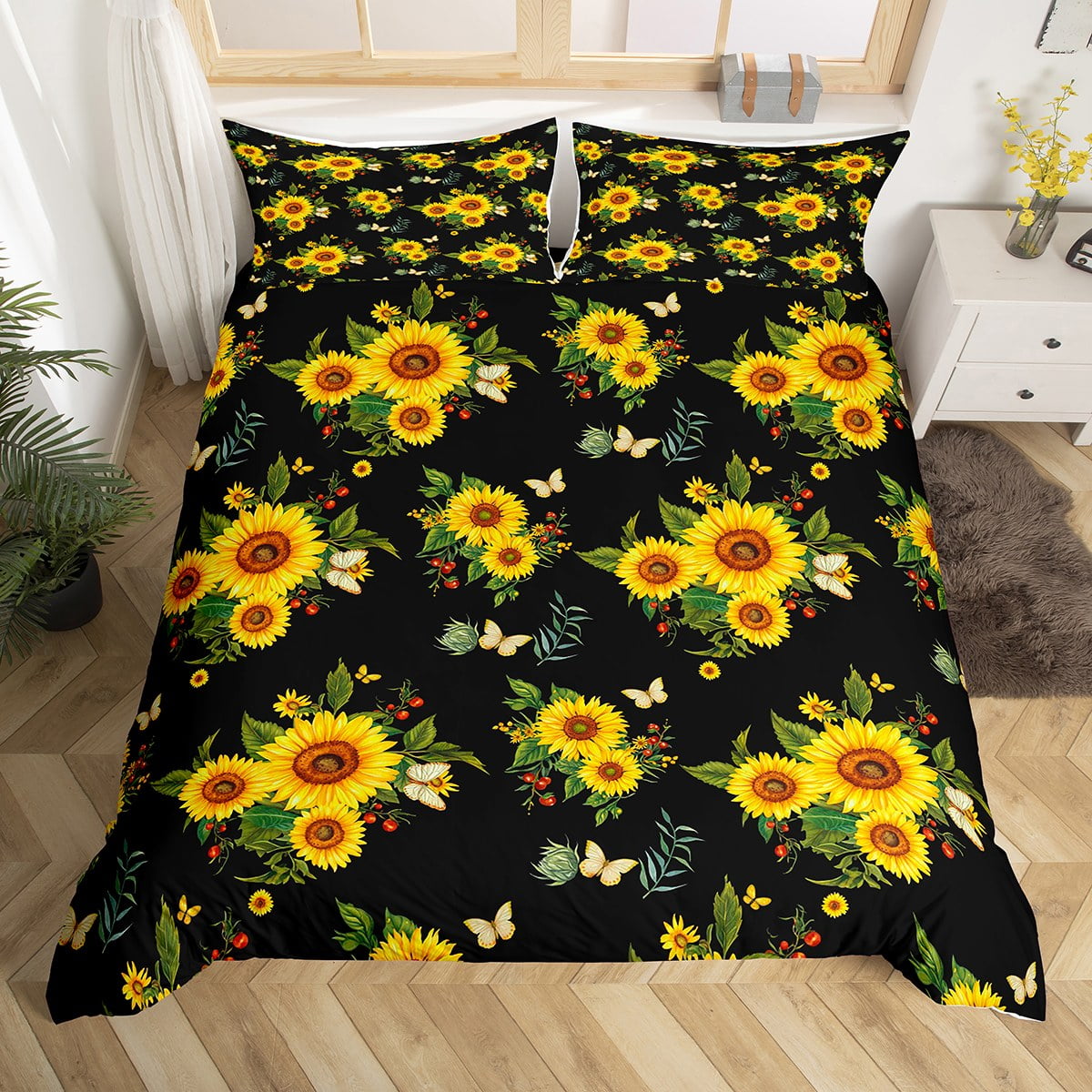 YST Sunflower Duvet Cover King, Butterflies Bedding Set for Adult Men ...