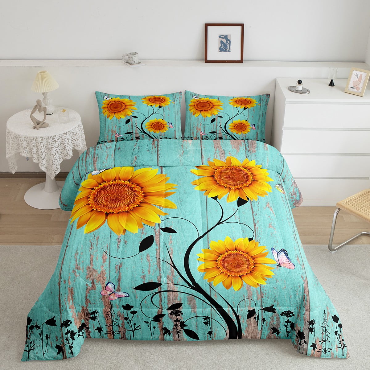 Erosebridal Sunflower Full Bedding Sets Women,Distressed Blue Wooden ...