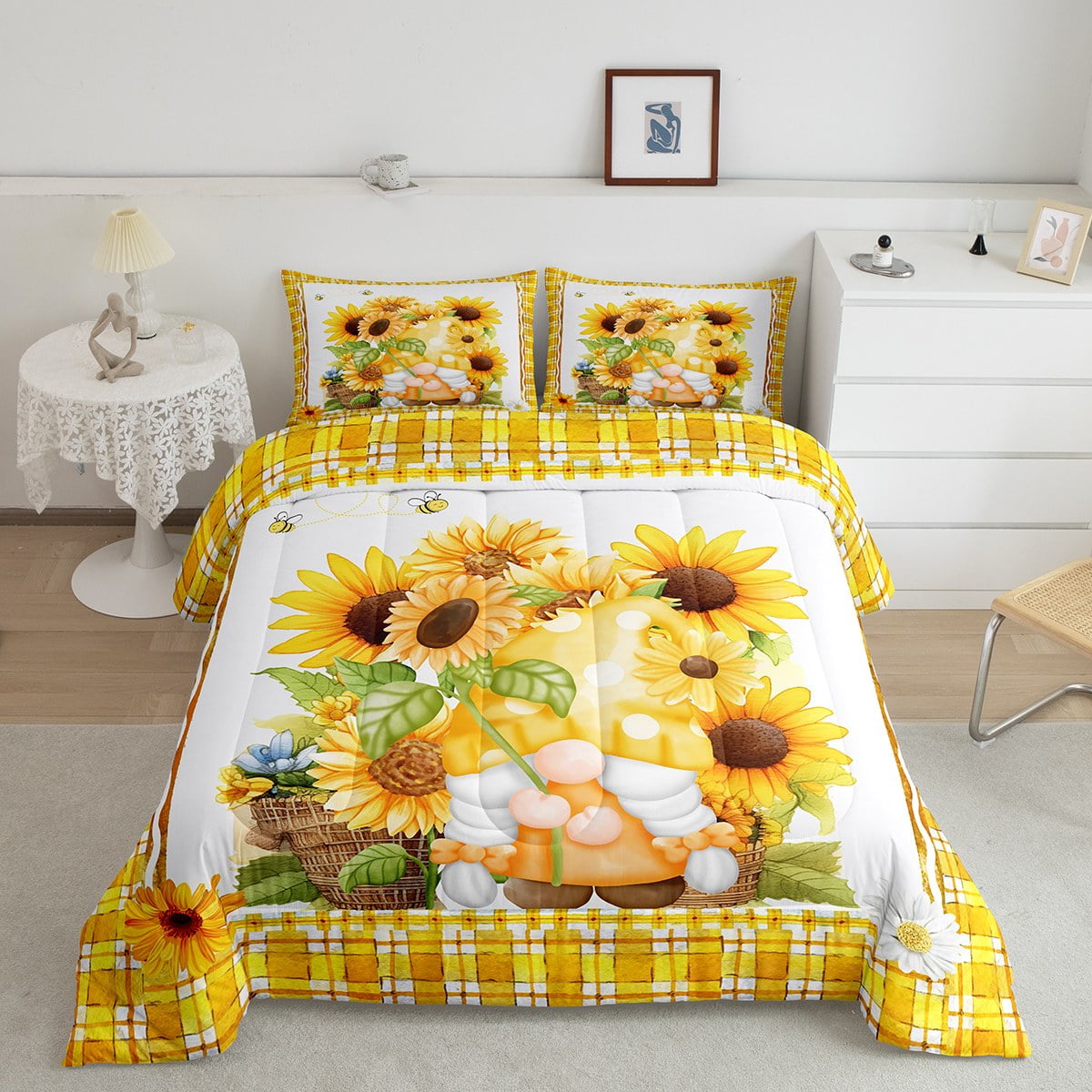 Sunflower Gnome Comforter Set Floral Bee Gifts for Women, Spring Flower ...