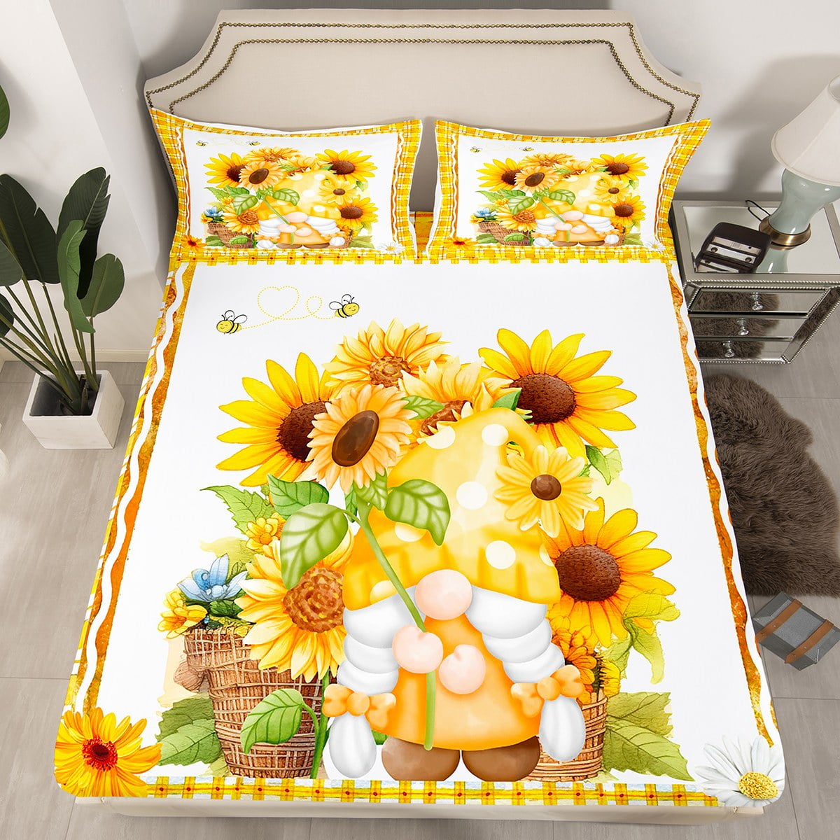 YST Sunflower Gnome Fitted Sheet Floral Bee Gifts for Women, Kids ...