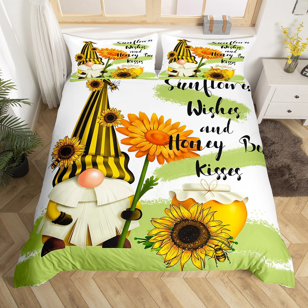 YST Sunflower Gnome Full Duvet Cover for Girls Boys Kids,Yellow Flowers ...