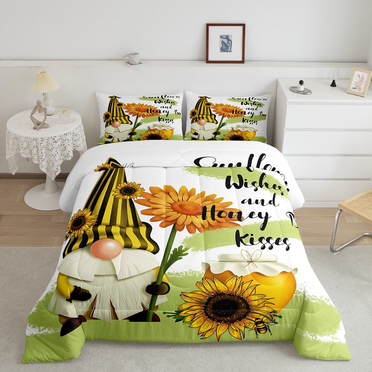 YST Sunflower Gnome Queen Comforter Set for Girls Boys Kids,Yellow ...