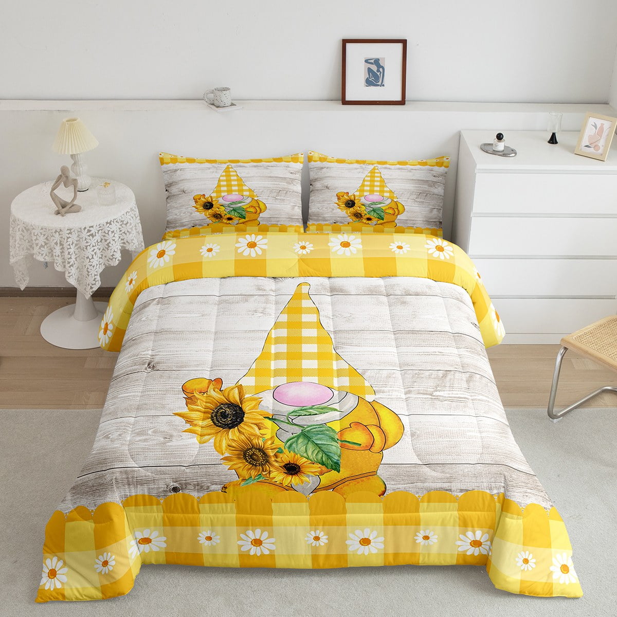 Sunflower Queen Size Comforter Set,Yellow Floral Gnome Bedding Set ...