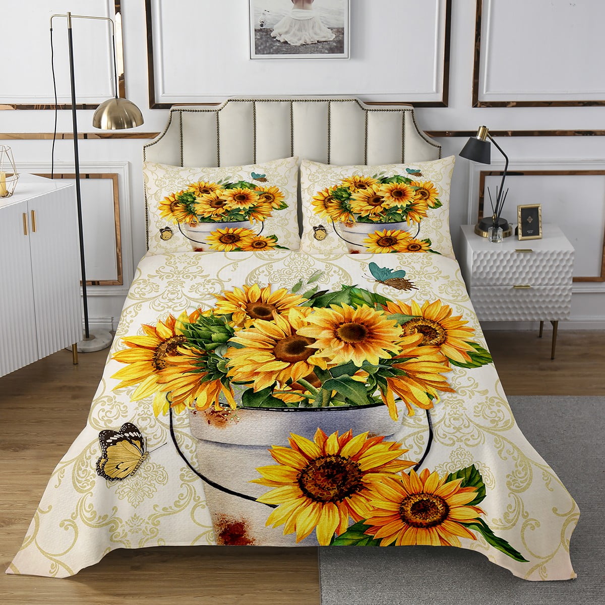 Erosebridal Sunflower Quilt Set Queen,Vintage Bohemian Flower Bedding ...