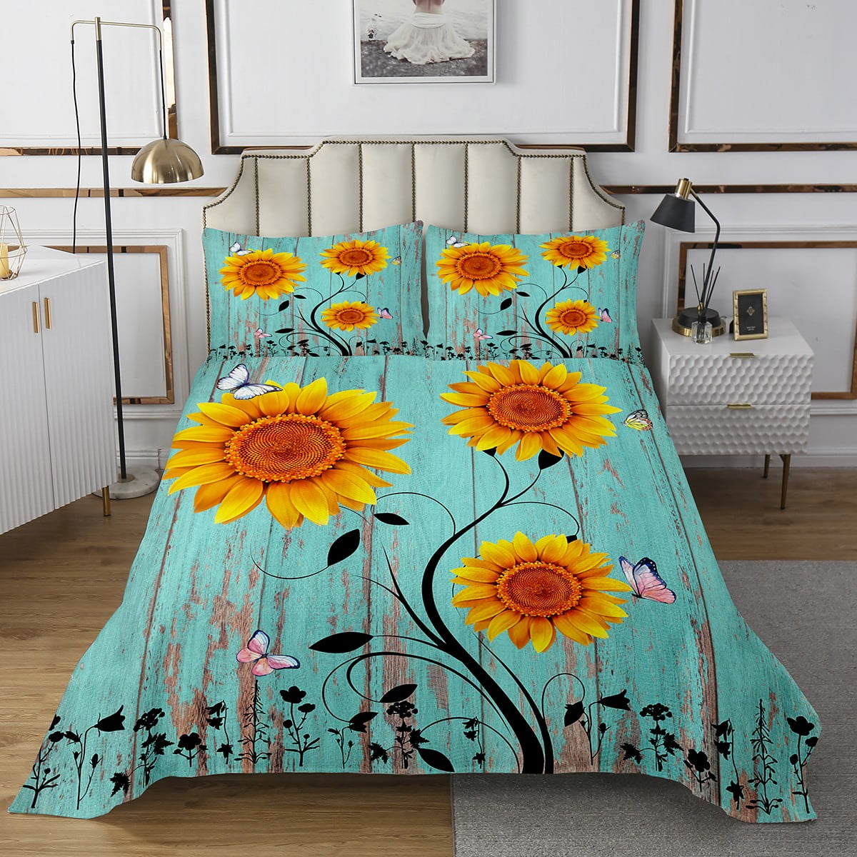 YST Sunflower Twin Bedspread Set for Girls Women,Distressed Blue Wooden ...