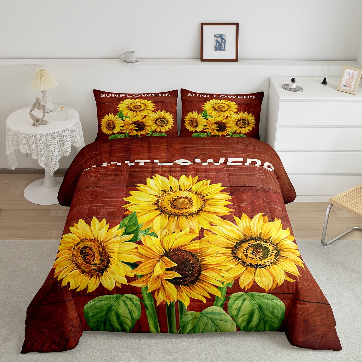 Sunflower Twin Comforter Set,3D Floral Bedding Comforter Sets,Yellow Flowers Bed Set,Rustic ...