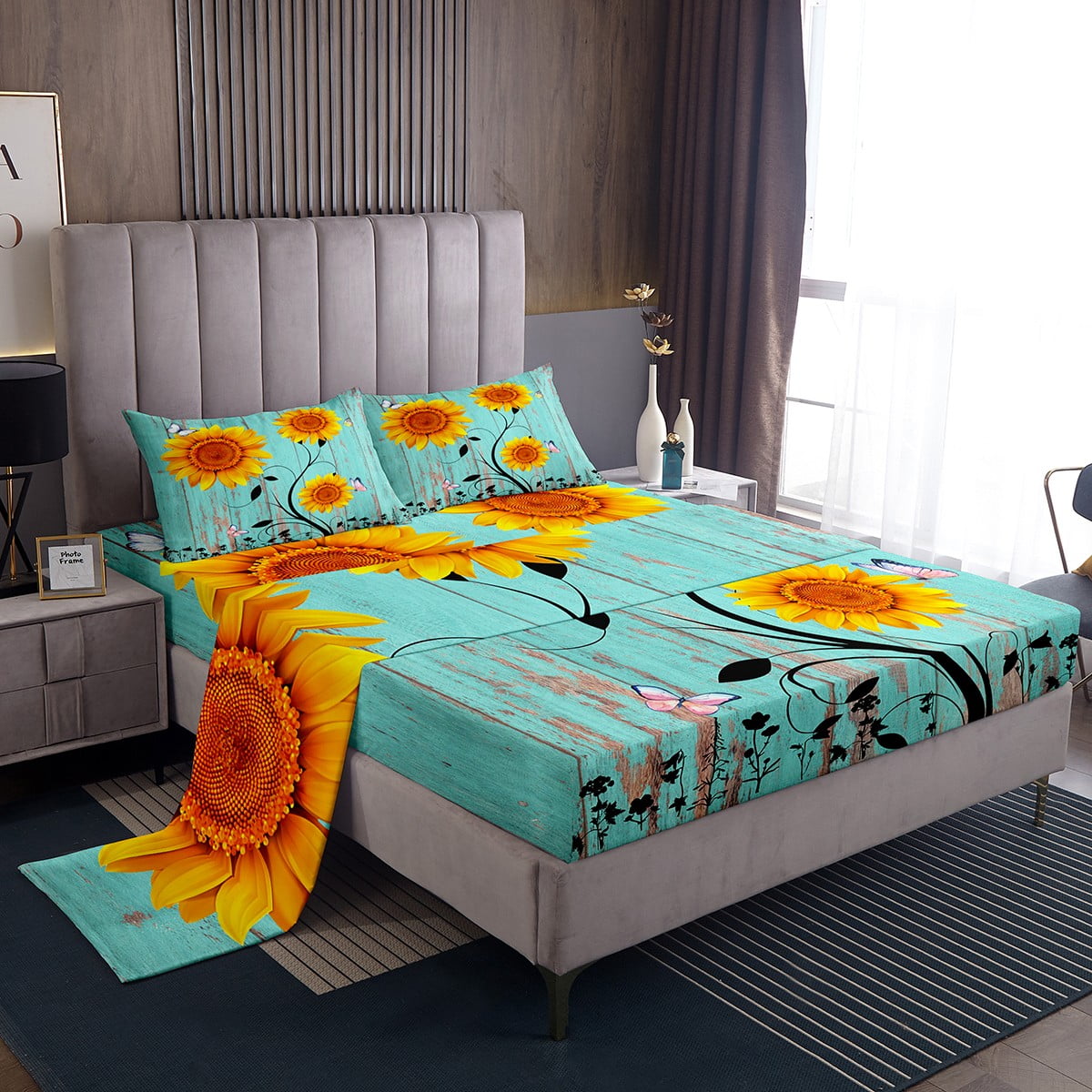 Erosebridal Sunflower Twin Sheet Set Women,Distressed Blue Wooden Board ...