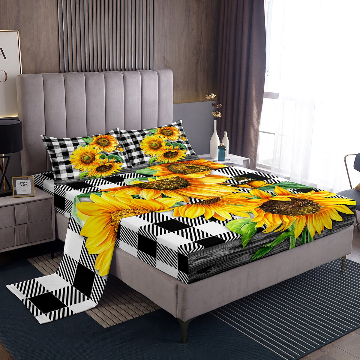 YST Sunflowers Twin Size Bed Sheets Set Black White Yellow Sheets ...