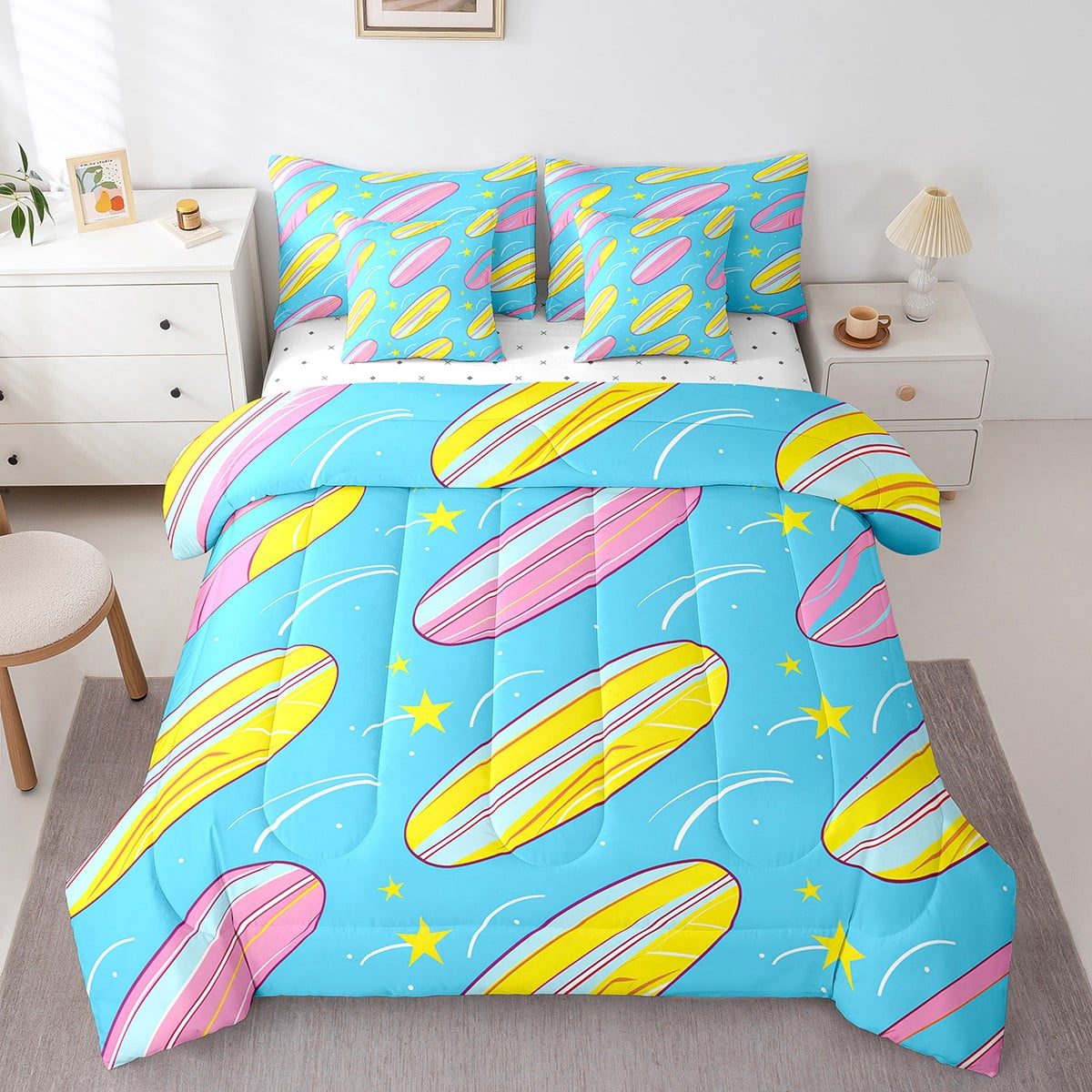 Surfer Comforter Set King 7 Piece Pink Yellow Surfboard Bed in a Bag ...
