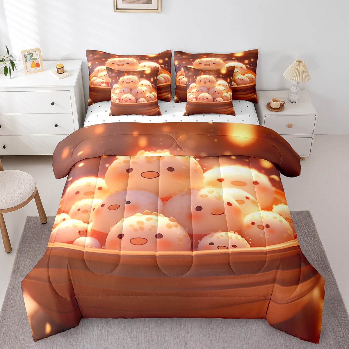 Sushi Twin Comforter Set 7-Piece Kawaii Sushi Bedding Set Cartoon Sushi Bed In A Bag Tradition ...