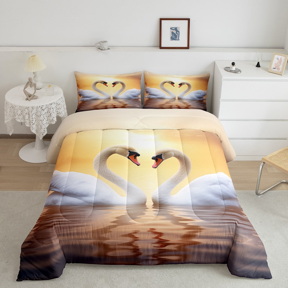 Swan Lake Comforter Set Couple Swan Bedding Set Queen Size, White Swan ...