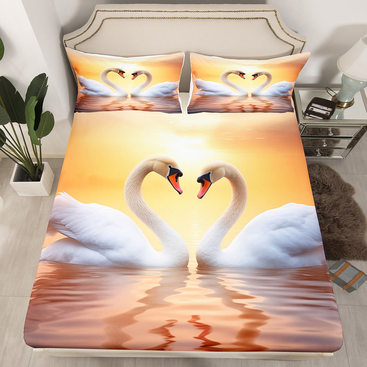Erosebridal Swan Lake Fitted Sheet Couple Swan Bed Set Twin Size, White ...