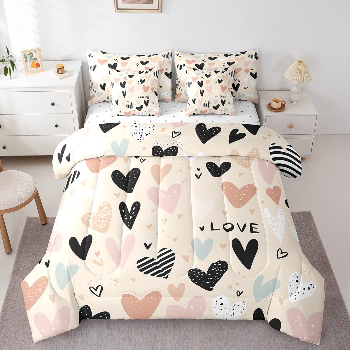 YST Sweet Love Theme Queen Bedding Set For Girls 7 Piece Colorful ...