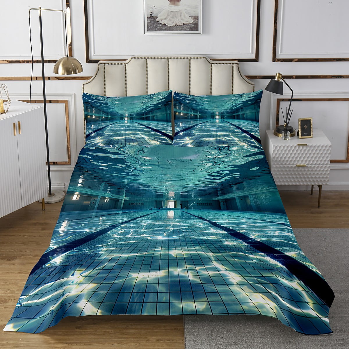 YST Swimming Pool Queen Bedspread Set Swimming Sport Quilt Set, Blue ...