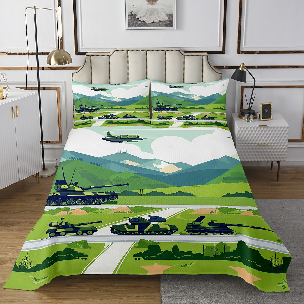YST Tank Bedspread Set Cartoon Tank Vehicles Quilt Set, Camo Green ...