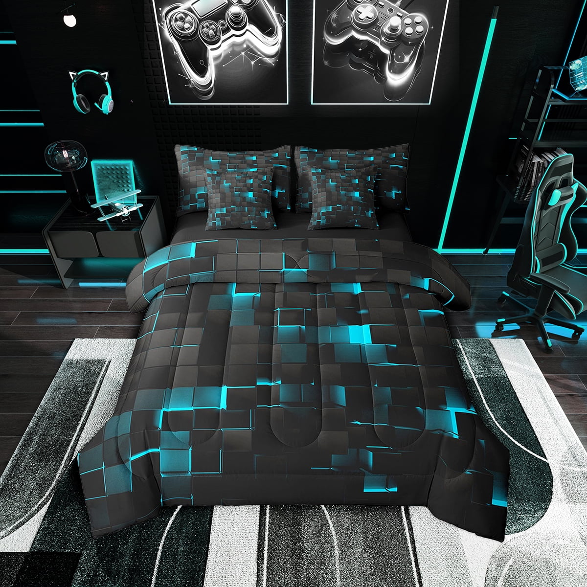 Teal And Black Bedding Sets Full,Neon Turquoise Geometric Check Bed in ...