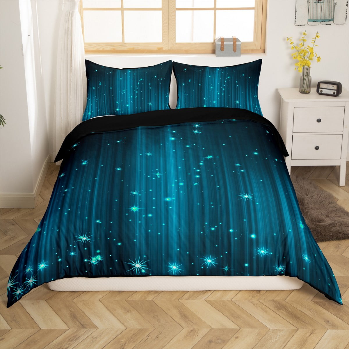 Erosebridal Teal and Black Duvet Cover Full Ombre Glitter Bedding Set for Teen Room Decor ...