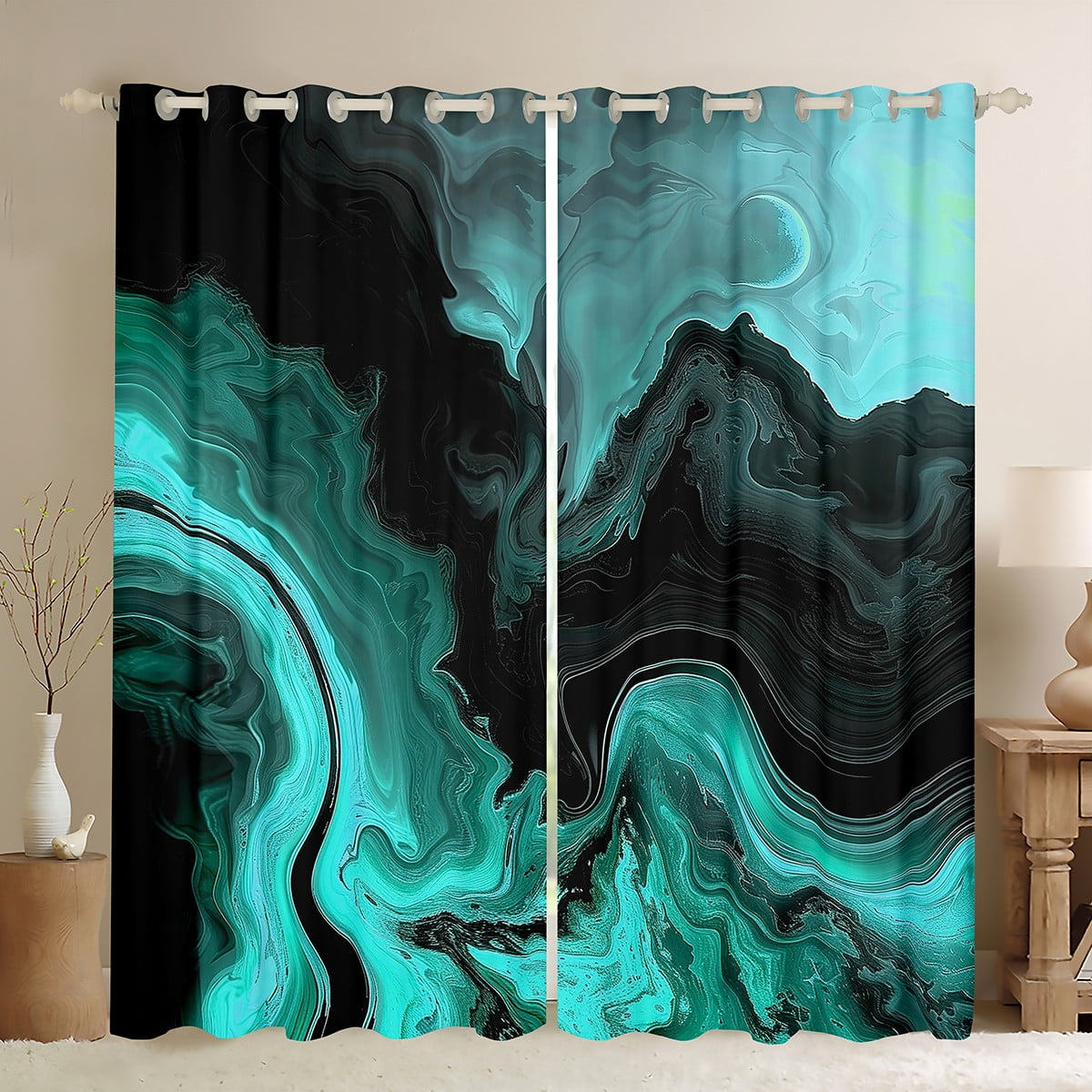 Teal Black Marble Curtains Modern Abstract Art 30%-50% Blackout ...