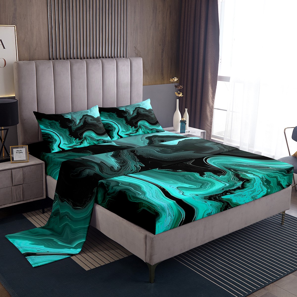 YST Teal Black Marble Queen Size Sheet Sets Modern Abstract Art Sheets ...