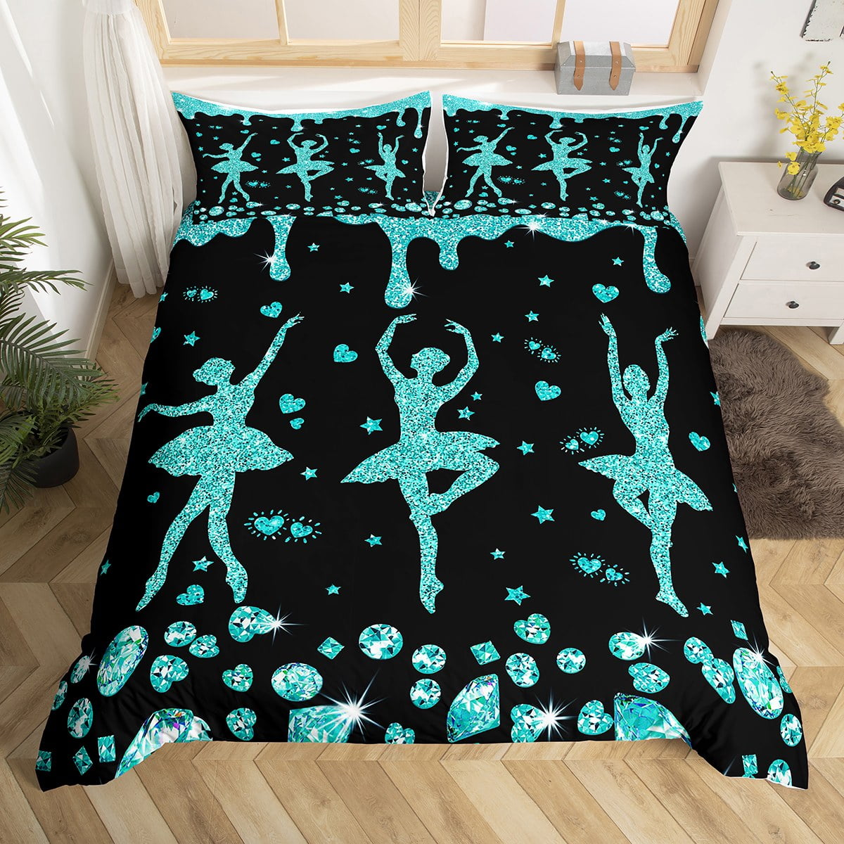 YST Teal Black Sequins Diamond Girls Duvet Cover Twin Size Ballet ...