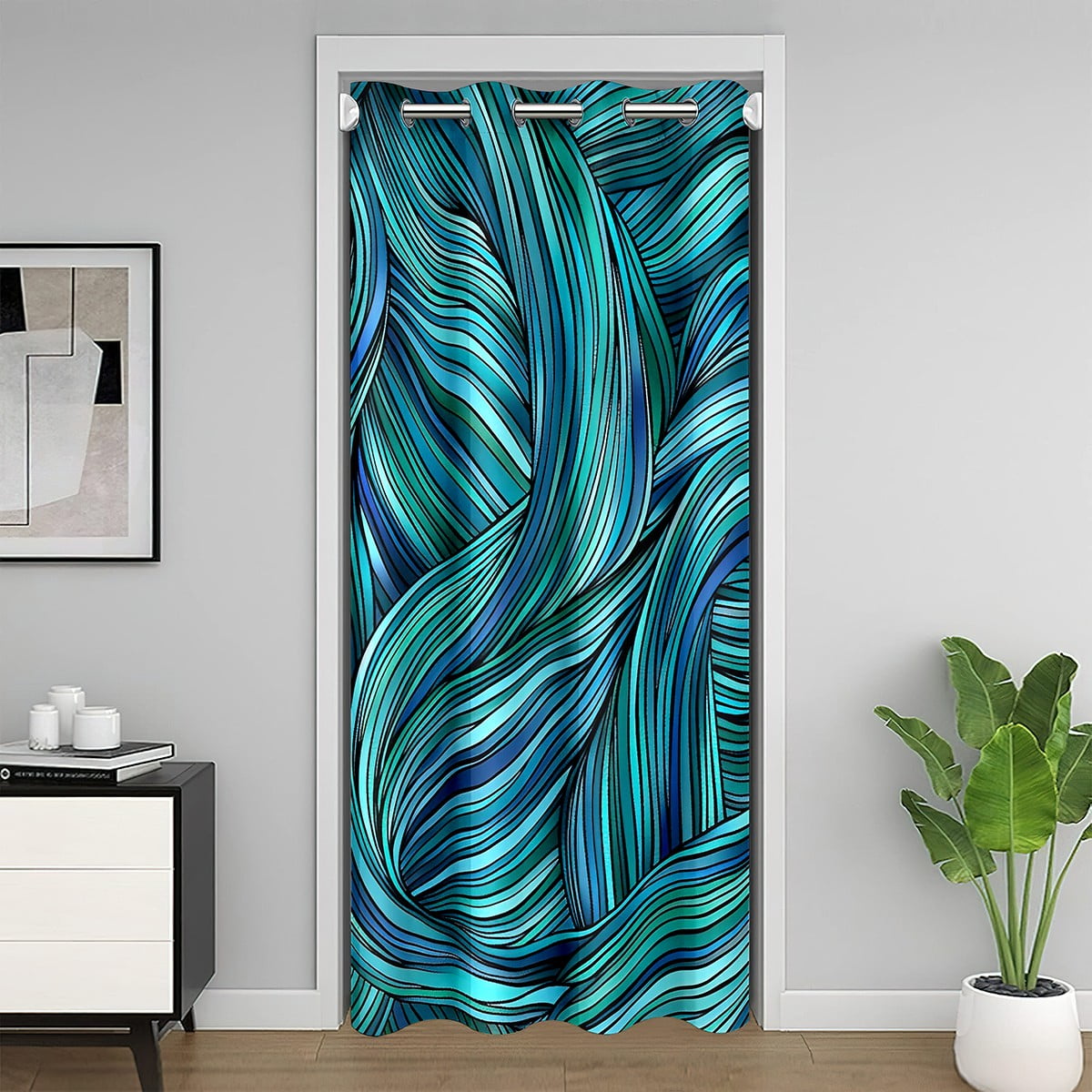 Teal Blue Line Door Curtain For Doorway Privacy 34"W X 80"L,Bule Ombre ...