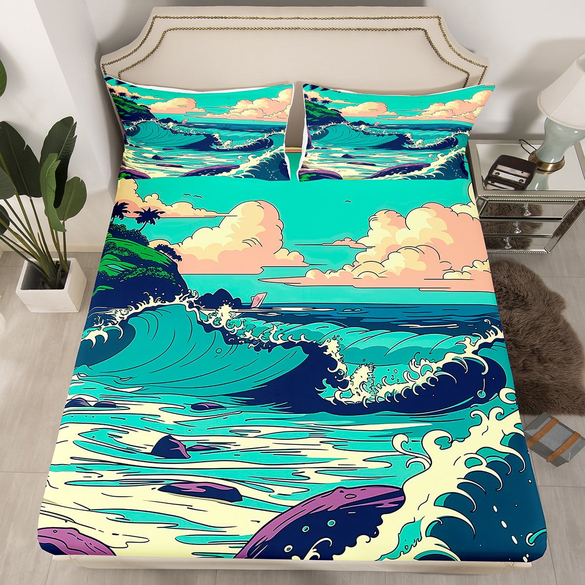 YST Teal Blue Ocean Wave Fitted Sheet Full,Ukiyoe Japanese Style ...