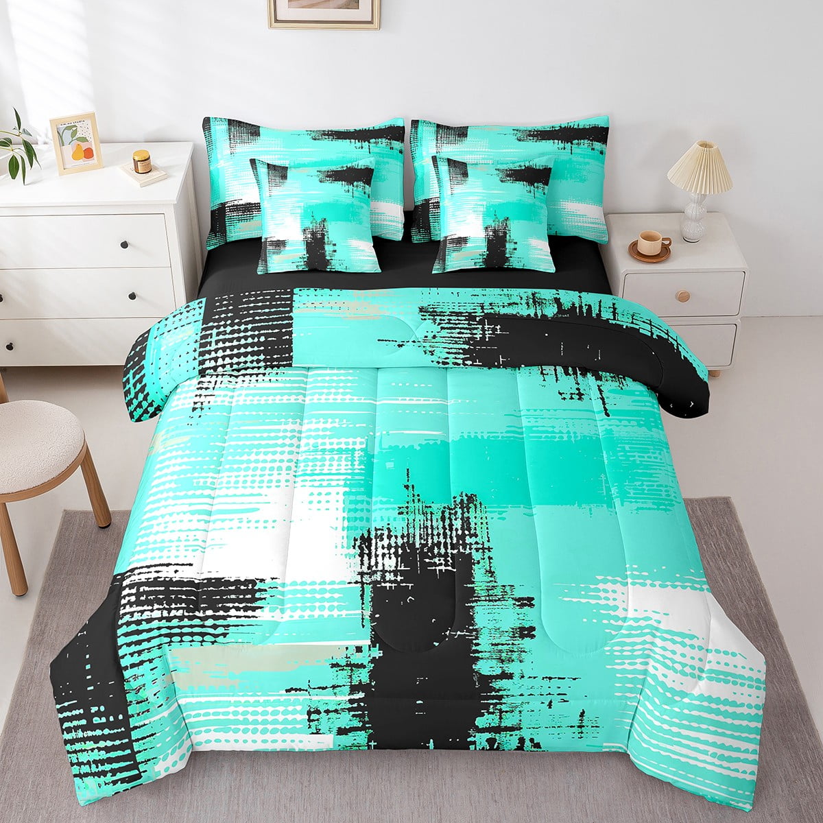 Teal Blue Ombre Queen Comforter Set 7 Pieces Modern Abstract Art ...