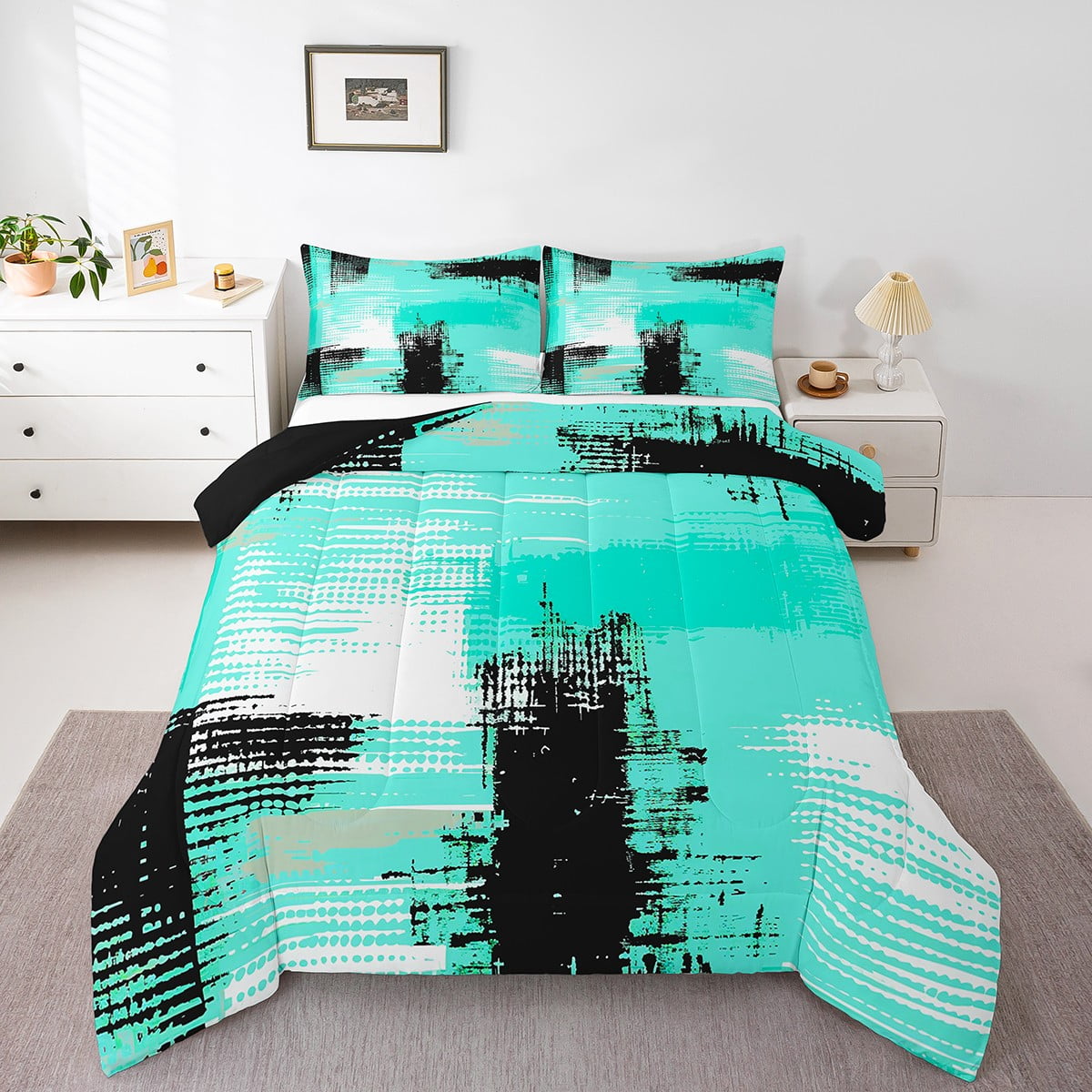 Teal Blue Ombre Bedding Sets Modern Abstract Art Comforter Set, Oil ...