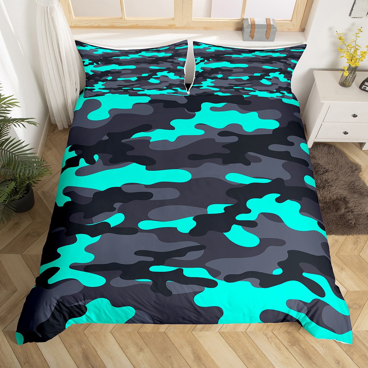 YST Teal Camouflage Comforter Cover Black Grey Camo Bed Set, Army ...