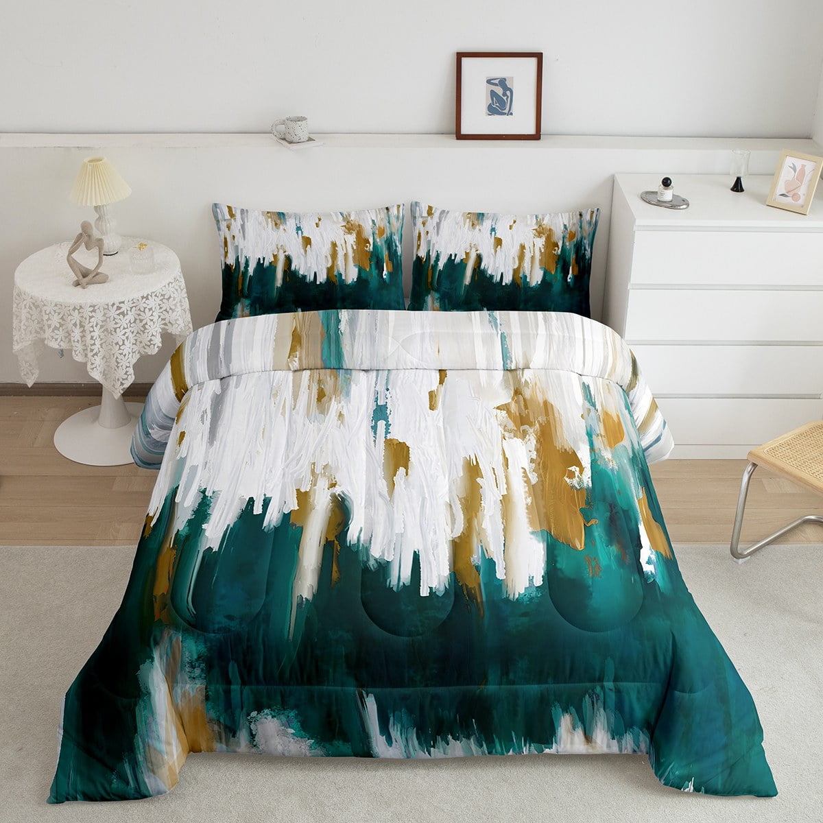 YST Teal Comforter Set Queen Graffiti Ombre Bedding Set, Brush Strokes ...