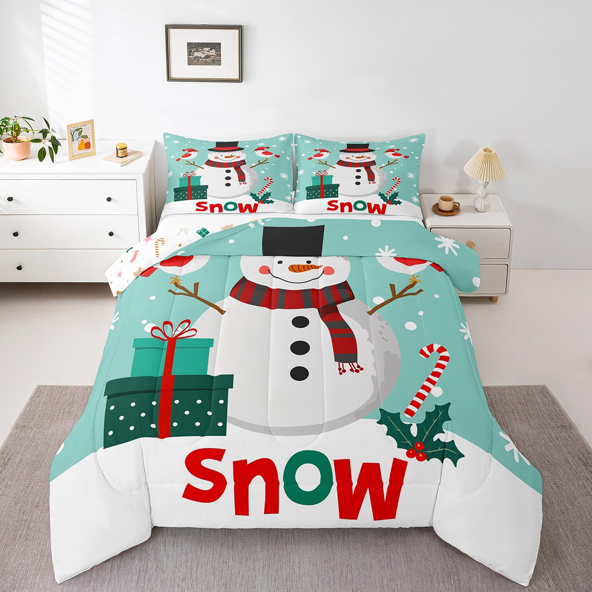 Teal Cute Snowman Twin Comforter Set,Winter Snowflake Snowman Bedding ...