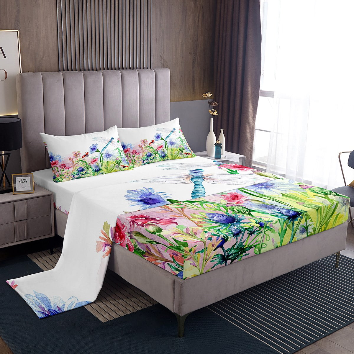Teal Dragonfly Bed Sheets Set Colorful Flower King Size Sheet Sets ...