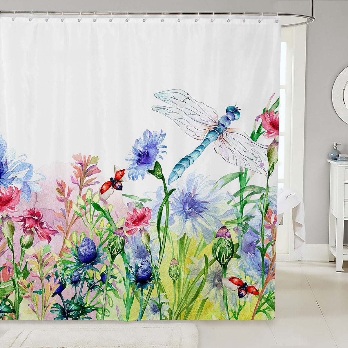 YST Teal Dragonfly Waterproof Bathroom Curtain Colorful Flower Bath ...