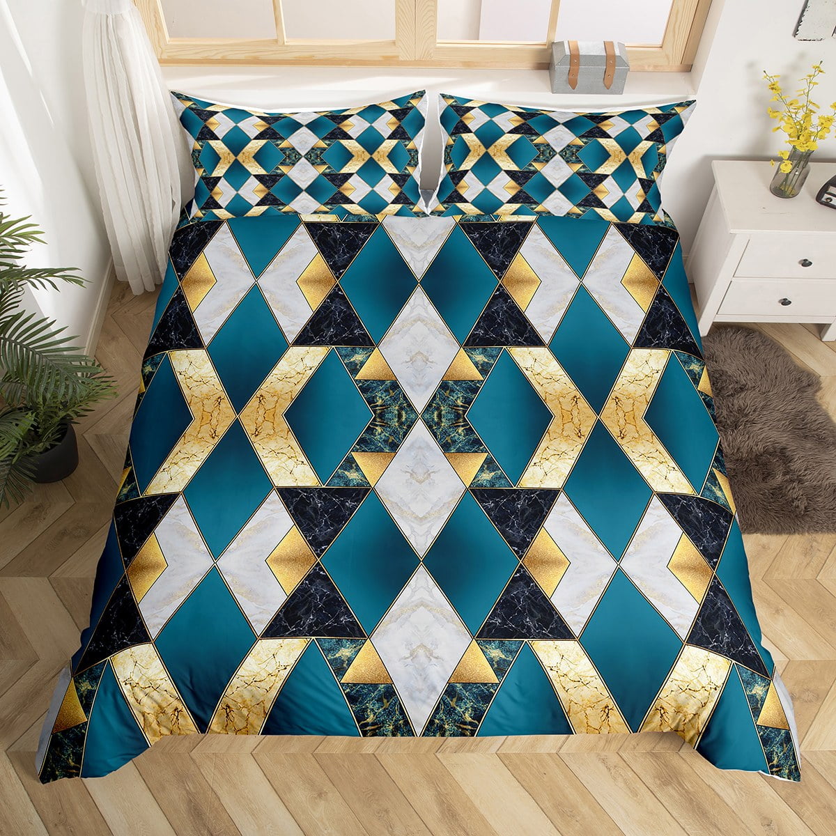 YST Teal Geometric Diamond Duvet Cover King,Gold Black White Marble ...